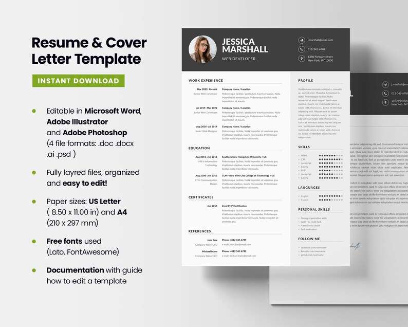 Resume Template With Cover Letter | Editable In: Word, Canva, Pages ...