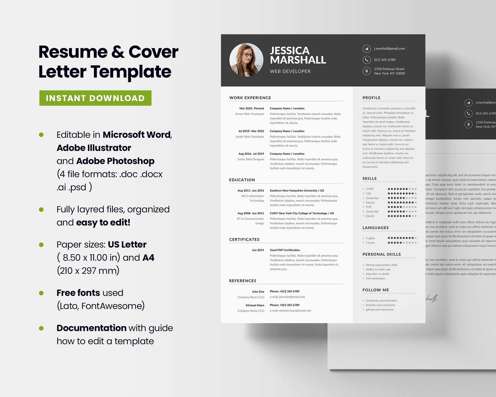 Resume Template With Cover Letter | Editable In: Word, Canva, Pages ...