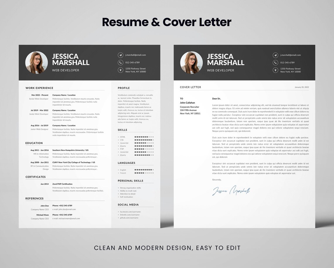 Resume Template With Cover Letter | Editable In: Word, Canva, Pages ...