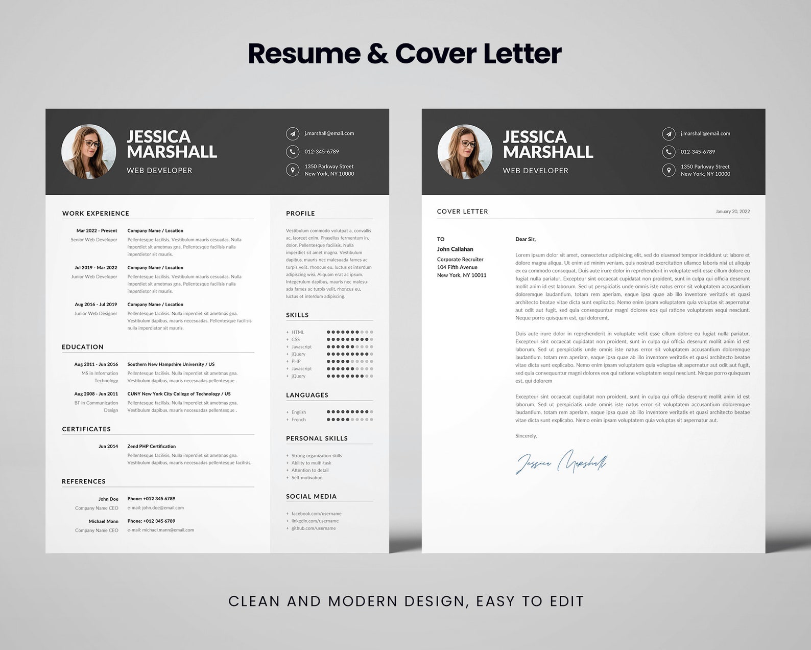 Resume Template With Cover Letter | Editable In: Word, Canva, Pages ...