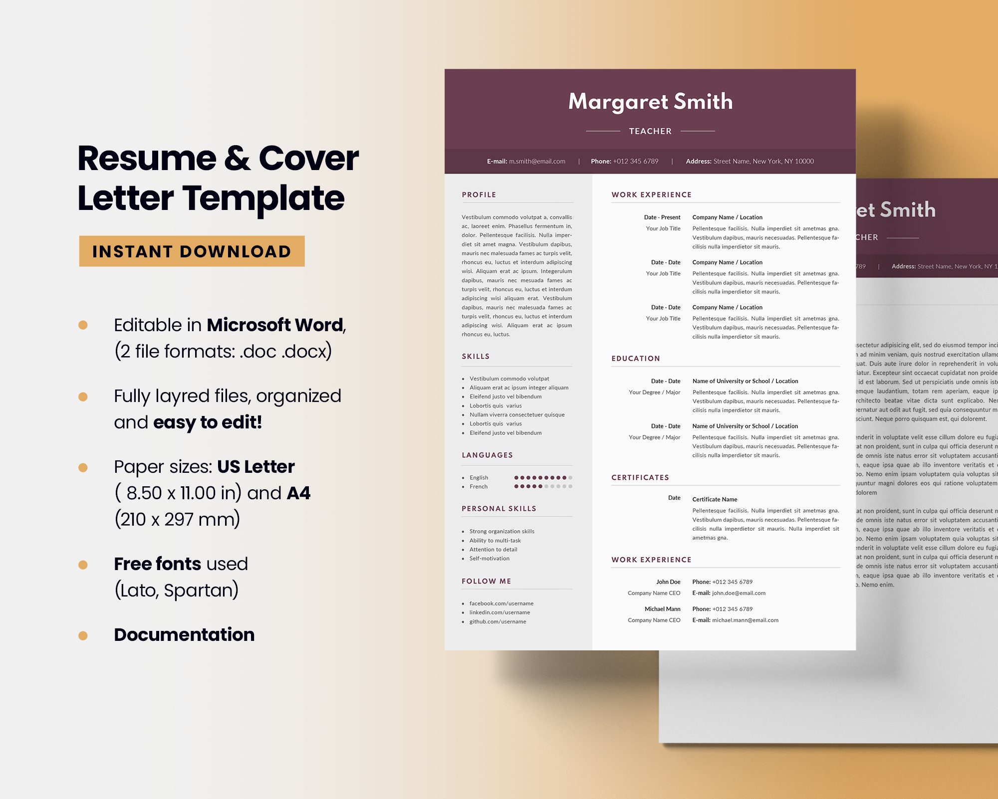 Resume Template With Cover Letter Editable In: MS Word Modern CV Design ...