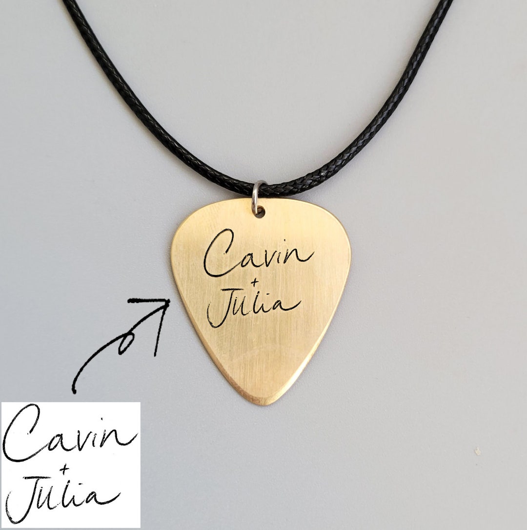 Handwiting Engraved Metal Guitar Pick Necklace Custom Personalized ...