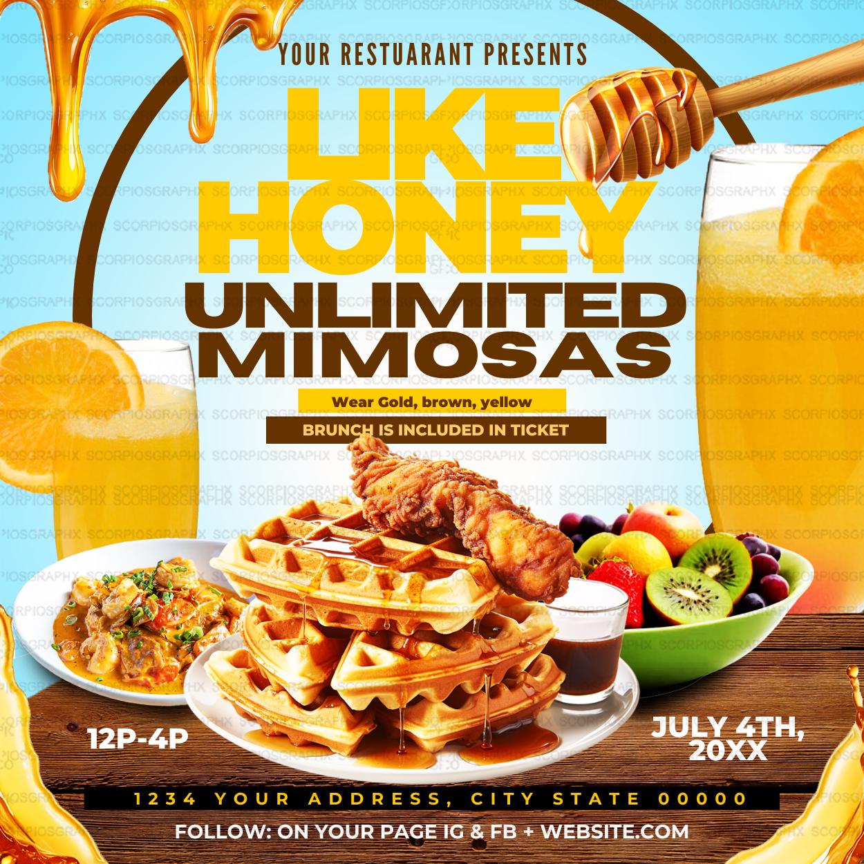 Like Honey Brunch Flyer Template, Brunch Instagram Flyer, Mimosa Flyer ...
