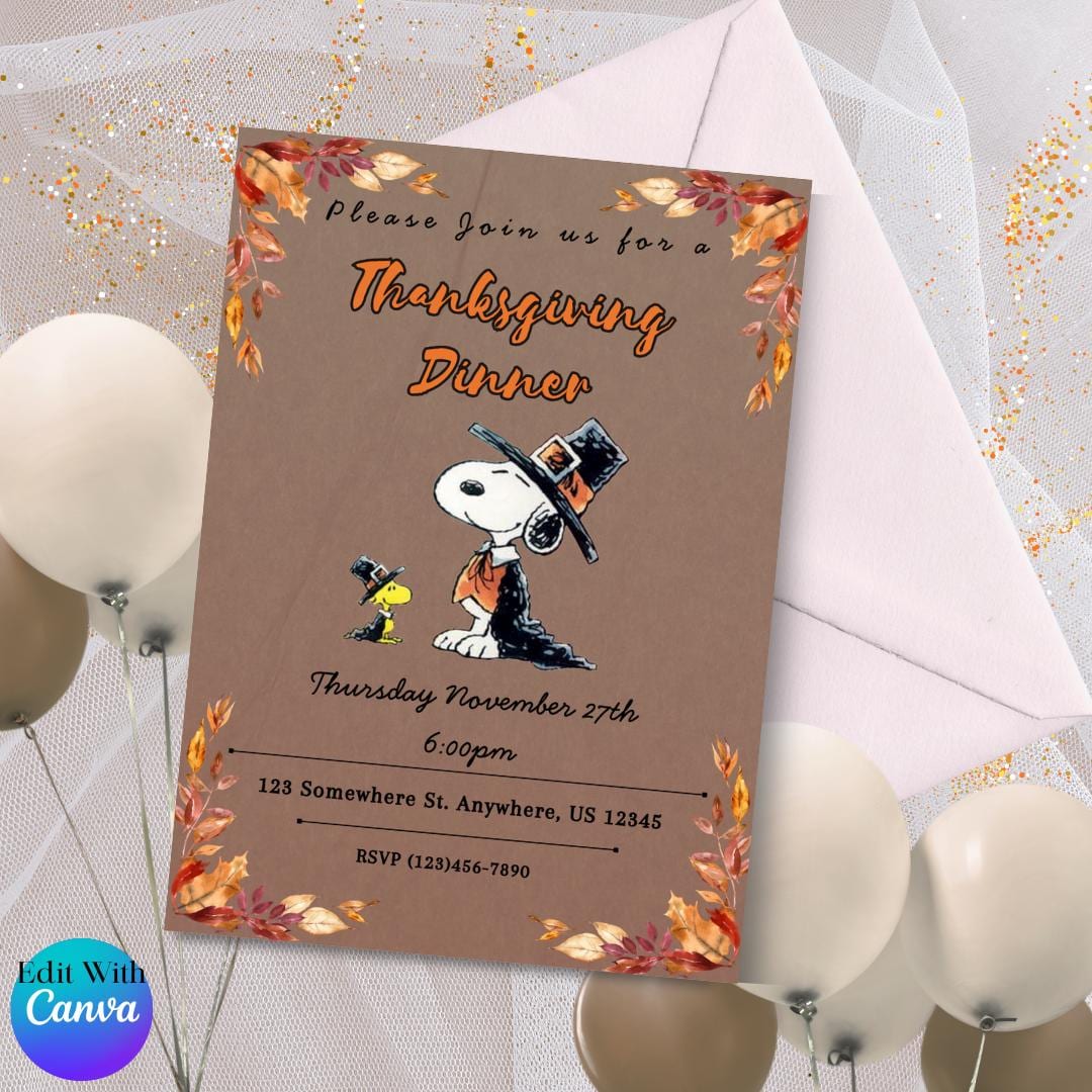 Snoopy Peanuts Thanksgiving Invitation With Printable 5x7 and Digital ...