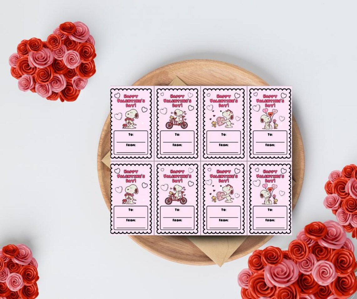 Snoopy Valentines Day Cards Set of 8 Printable Template - Etsy