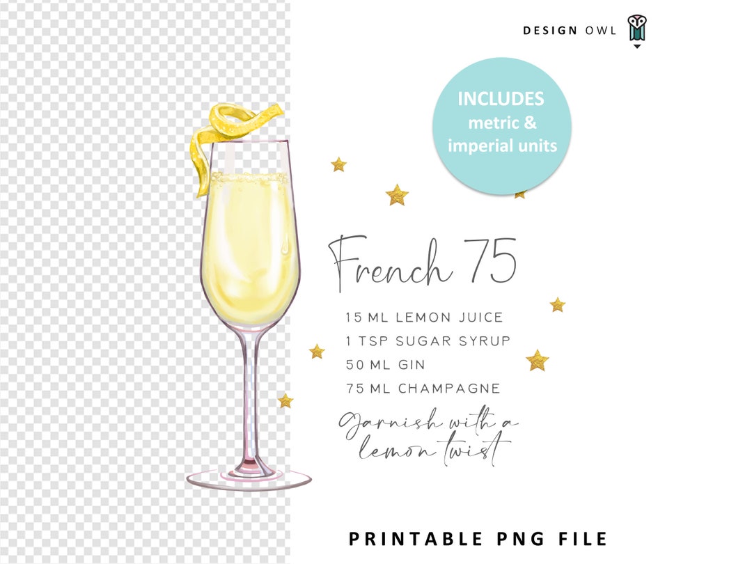 French 75 Cocktail Recipe: Watercolor Illustration (digital Download ...