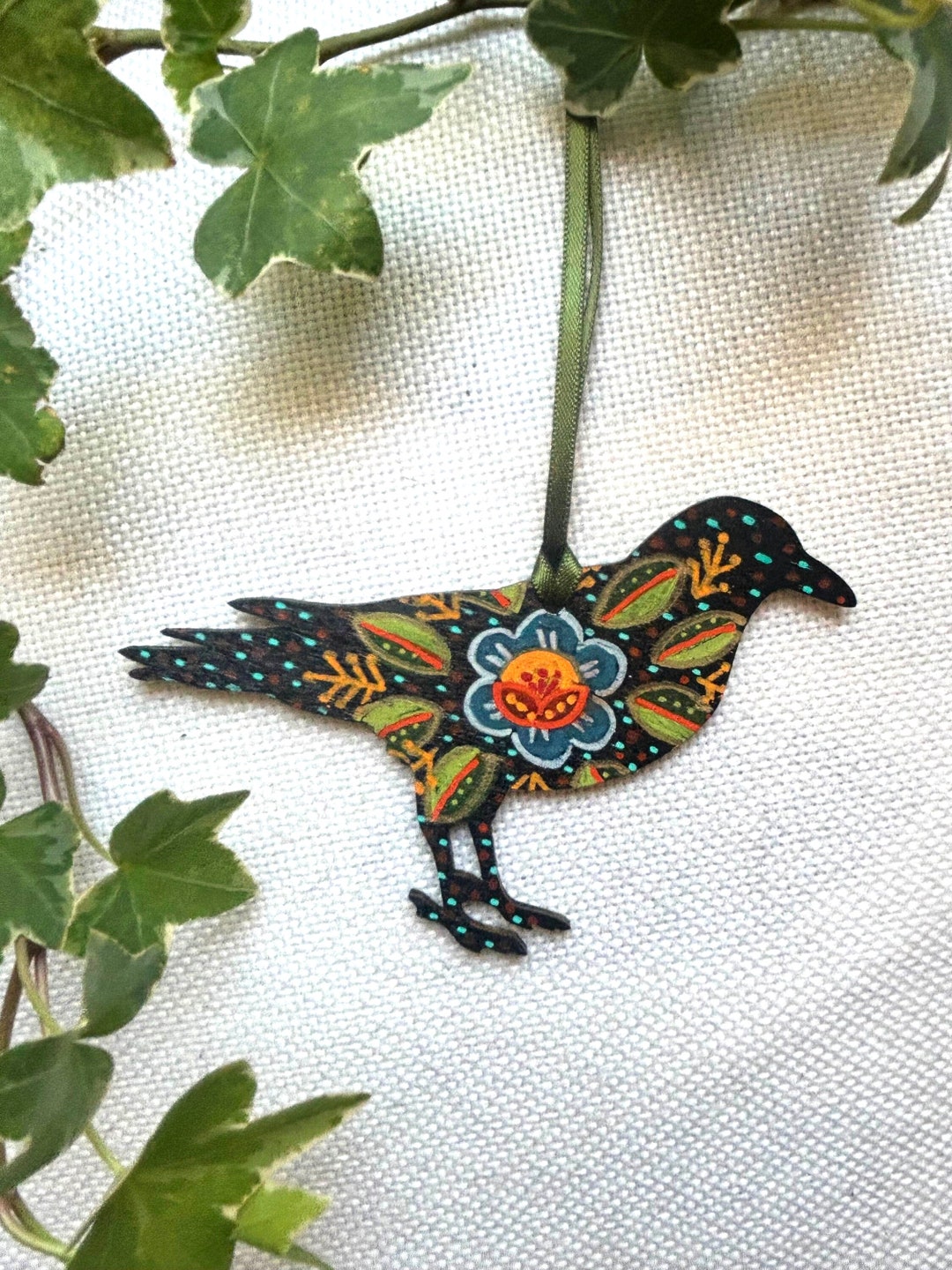 Raven/crow Blue Slavic Flower Handpainted Wooden Folk Art Ornament - Etsy