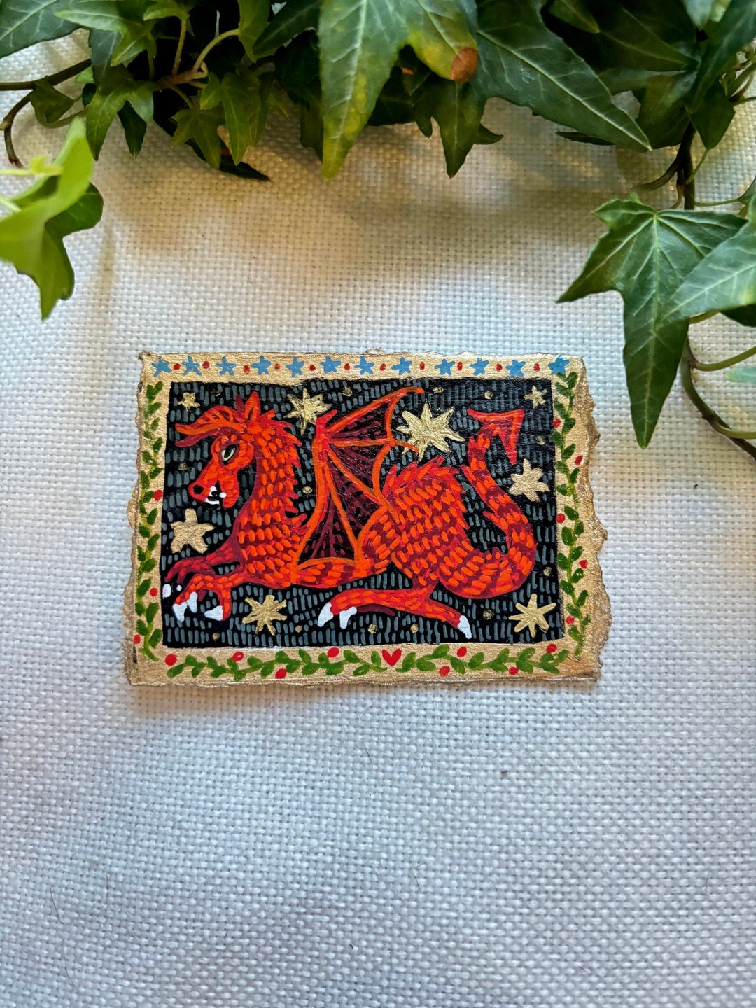 Red Dragon | Original Miniature Acrylic Painting With Gilded Details - Etsy