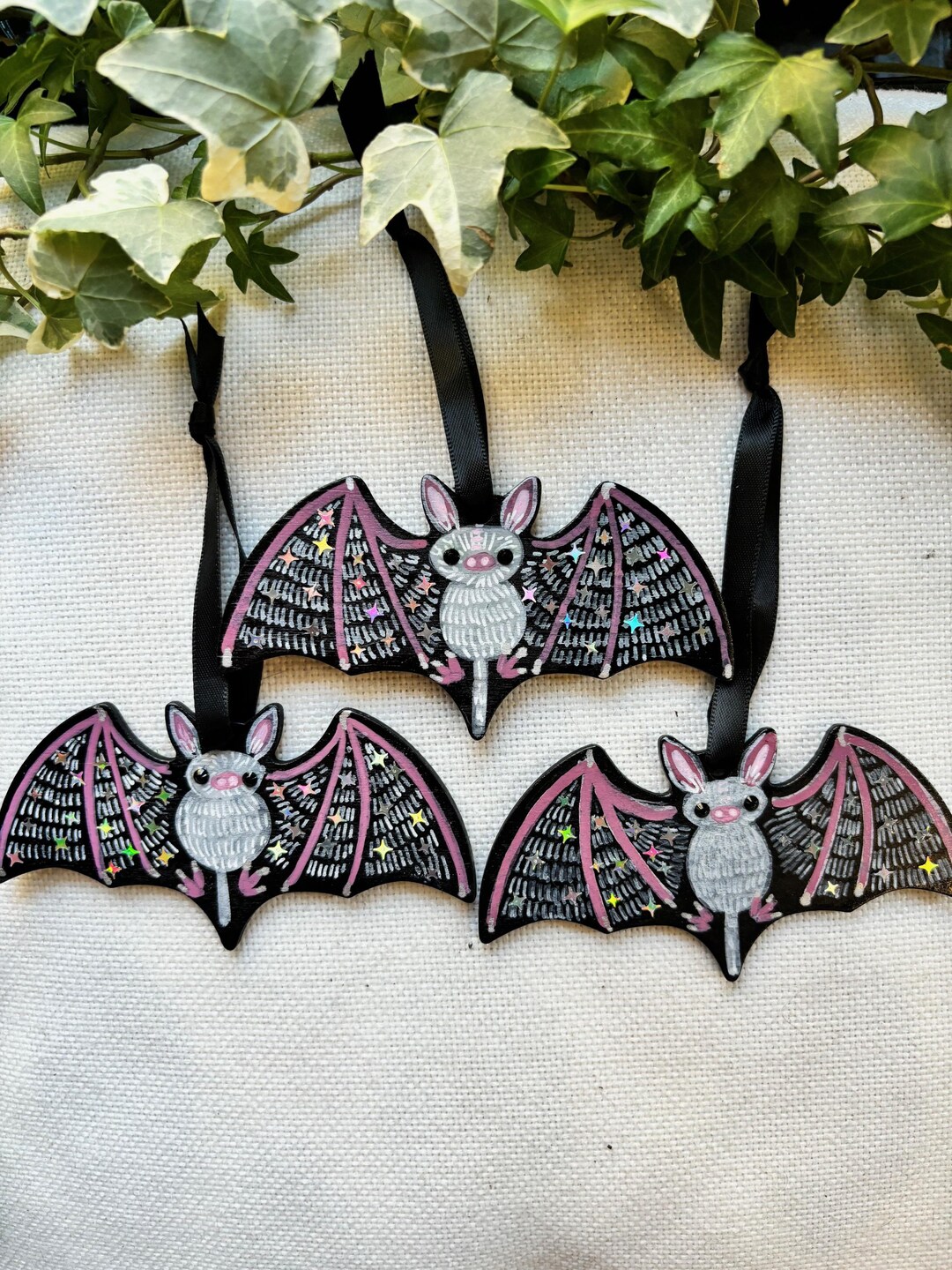 Pink and White Bats With Rhinestone Eyes and Sequin Wings Handpainted ...