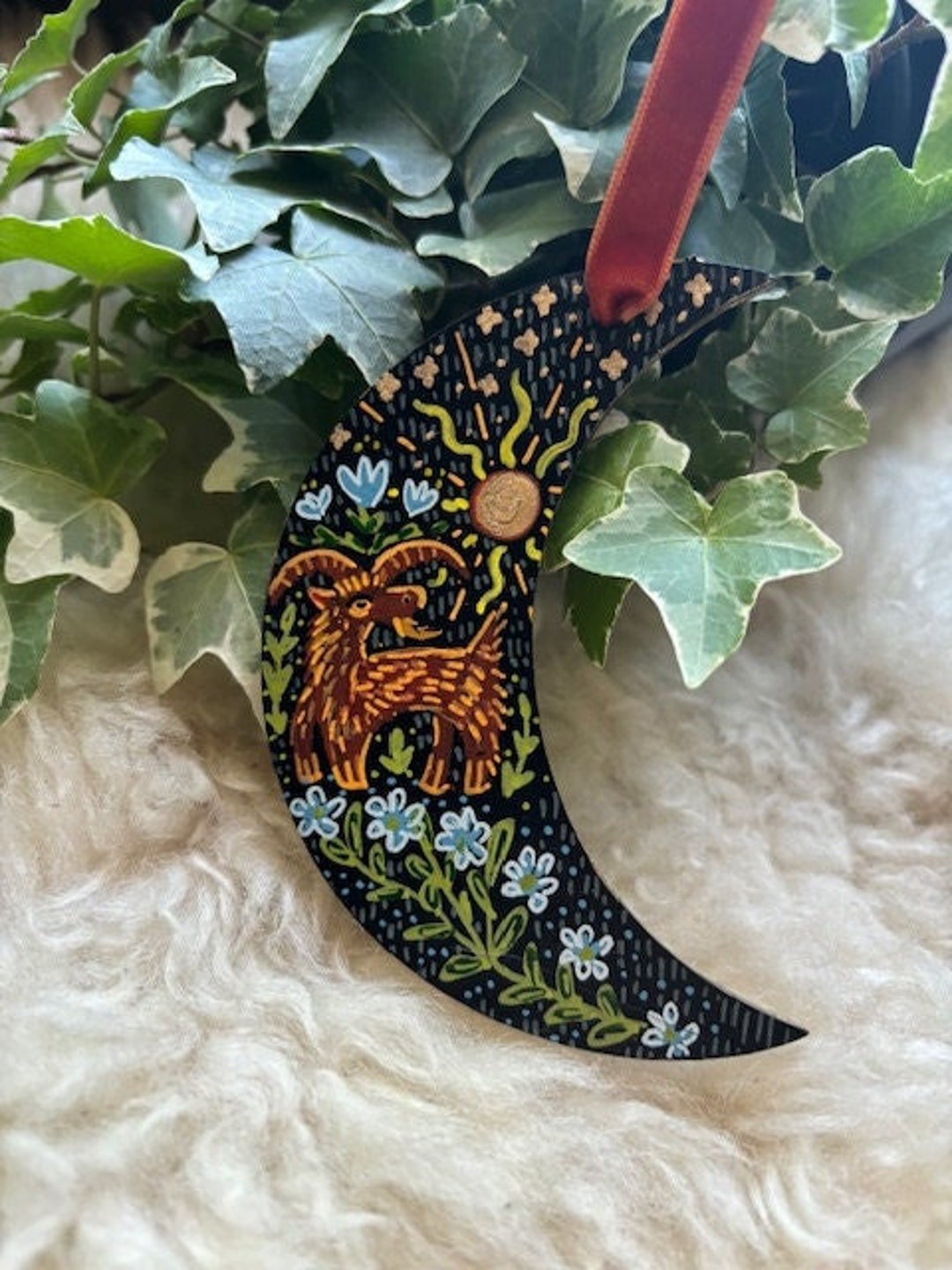 Slavic Pagan Goat Hand Painted Wooden Moon Ornament Original Folk Decor ...