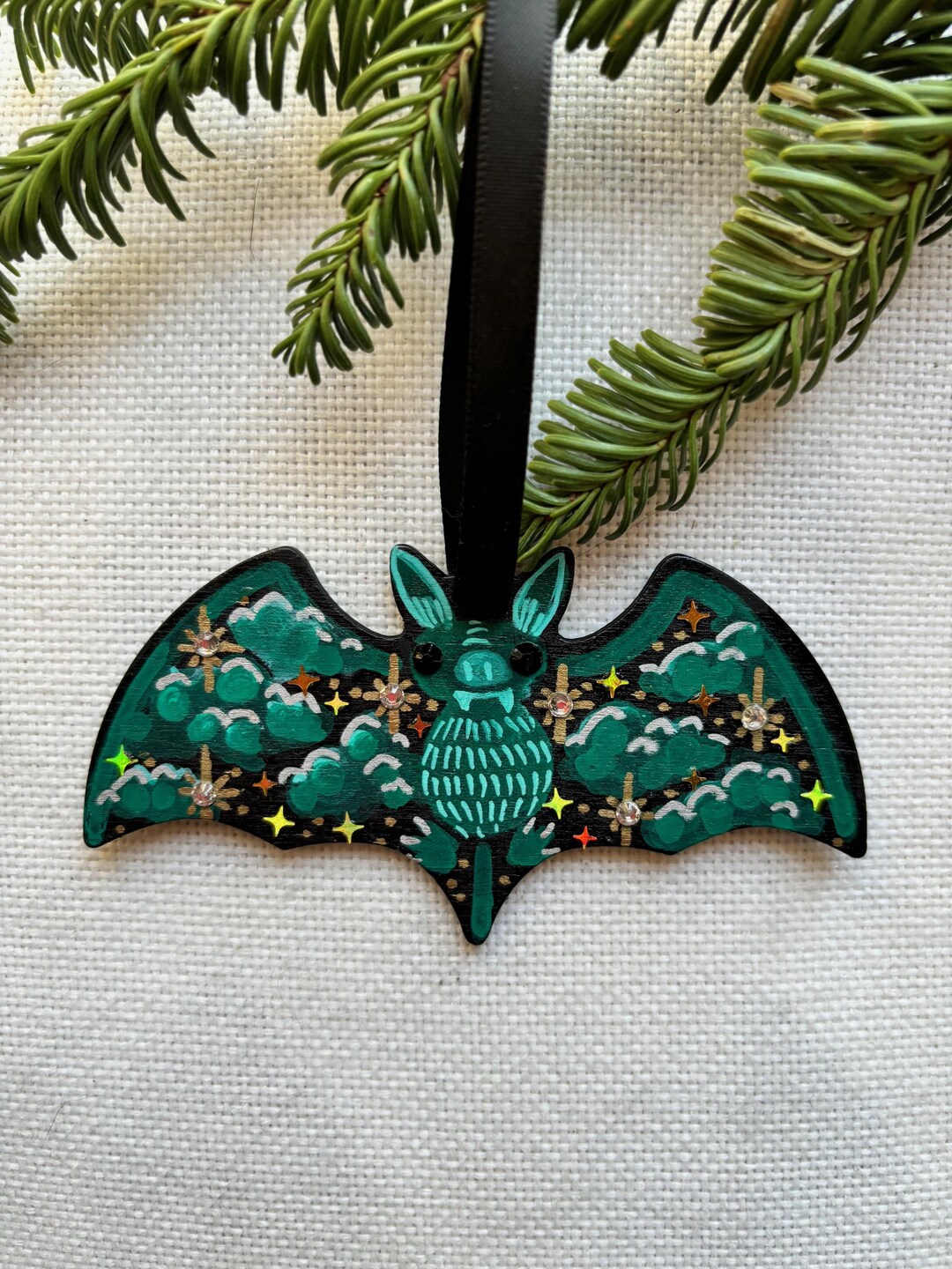 Teal Night Sky Bat With Rhinestone Eyes Handpainted Wooden Folk Art ...