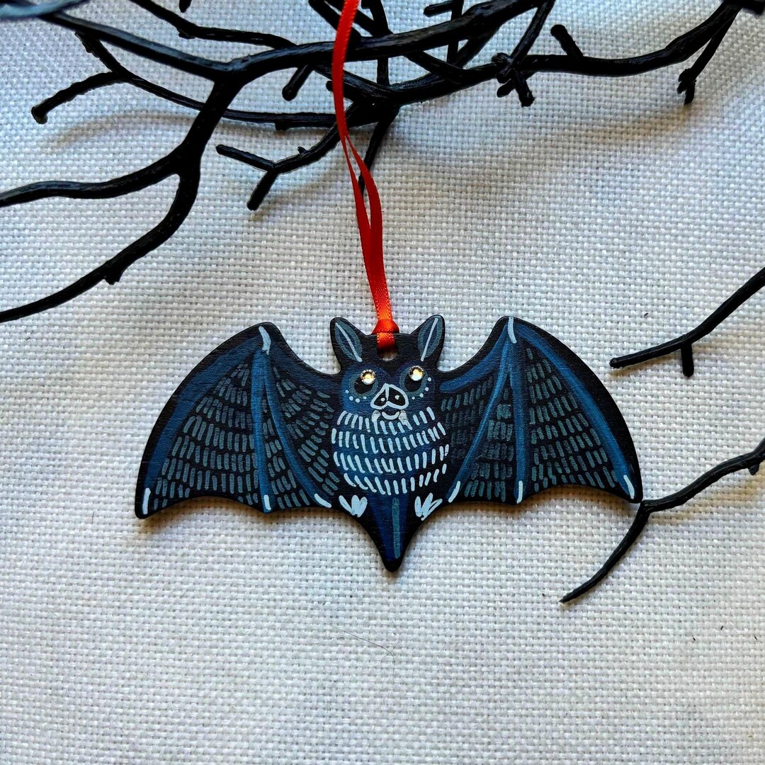 Blue Bat With Rhinestone Eyes Handpainted Wooden Folk Art Ornament - Etsy