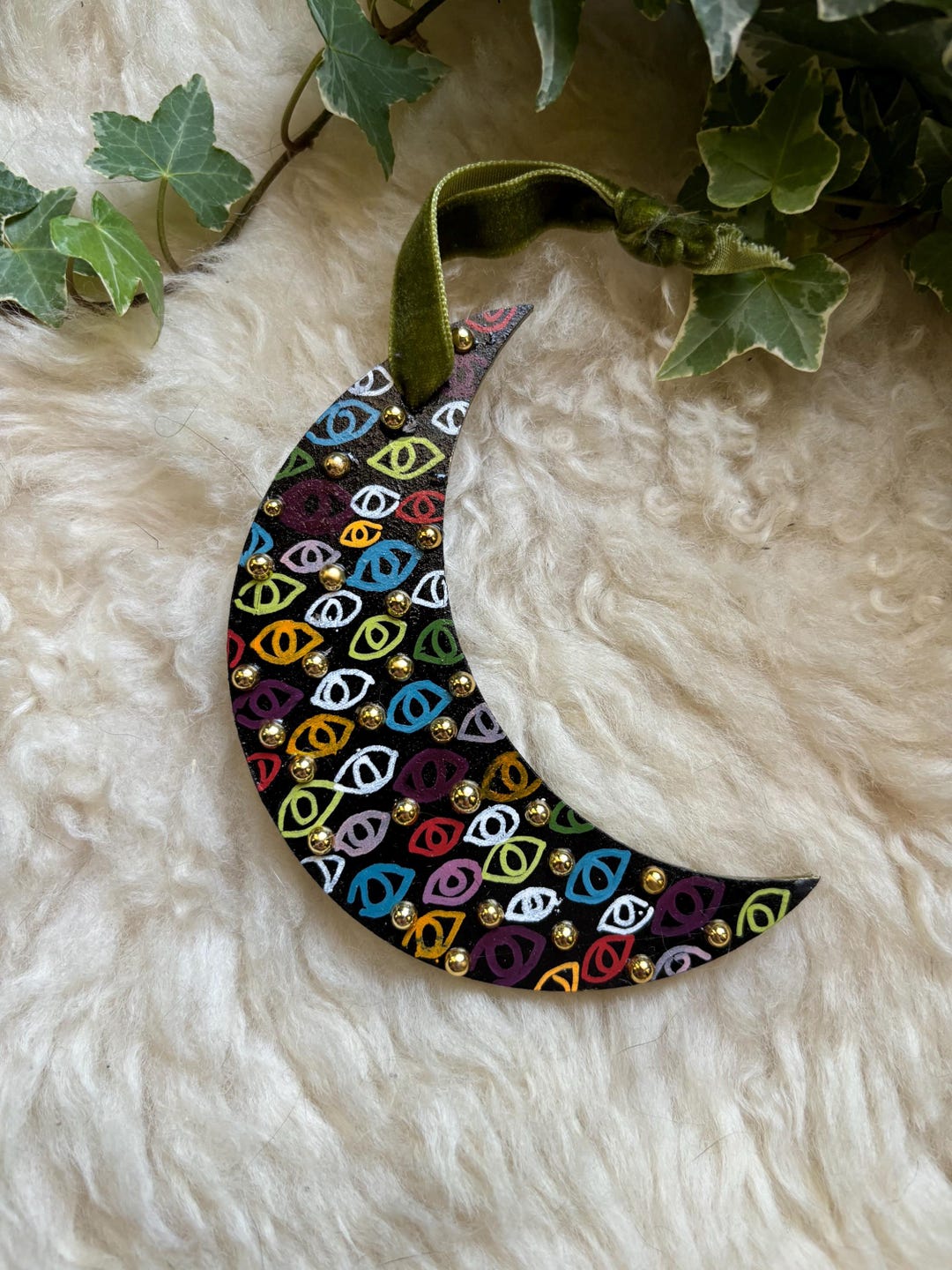 Rainbow Eye Sigil Floral Wooden Moon Ornament Original Folk Decor - Etsy