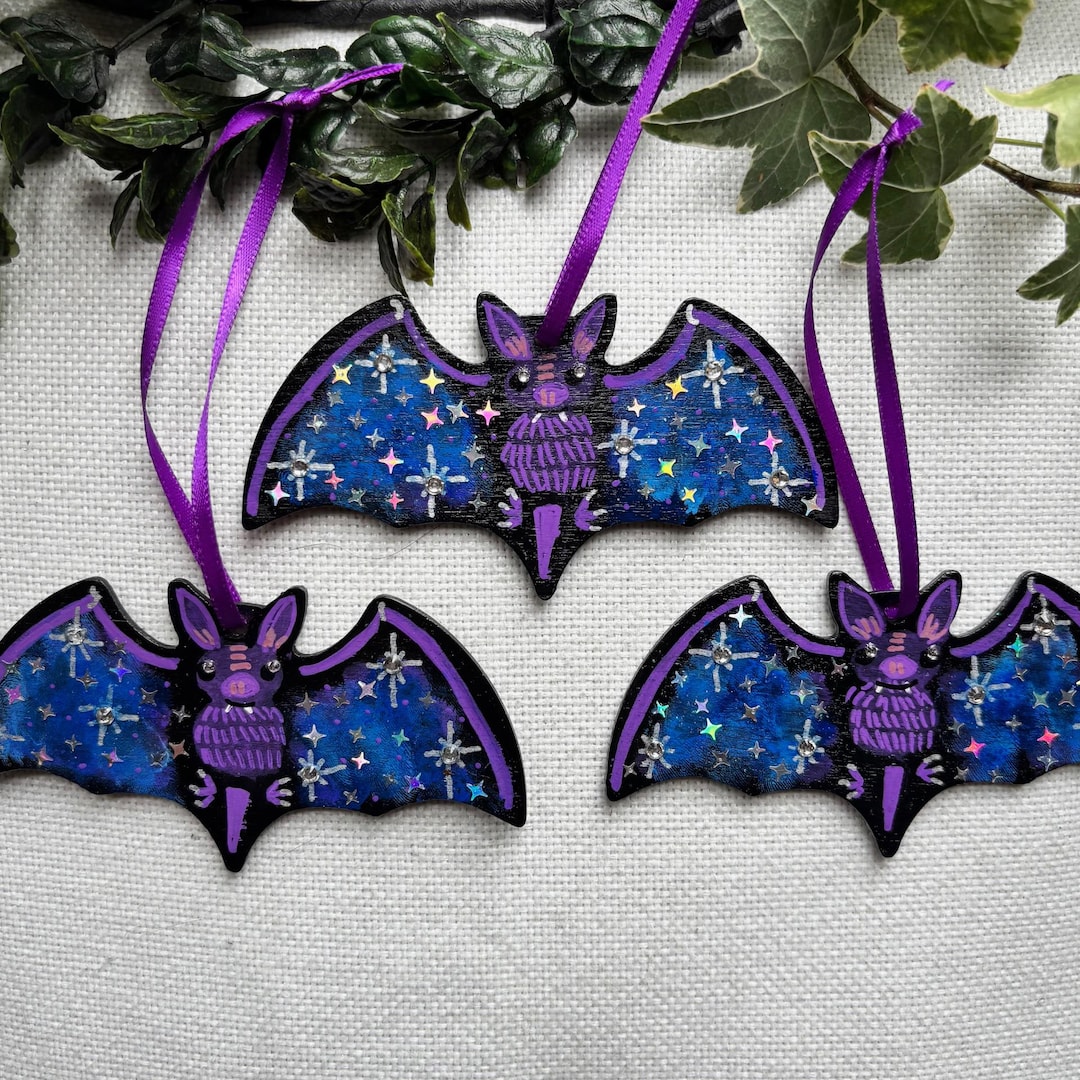 Galaxy Bats | Handpainted Wooden Folk Art Ornament - Etsy