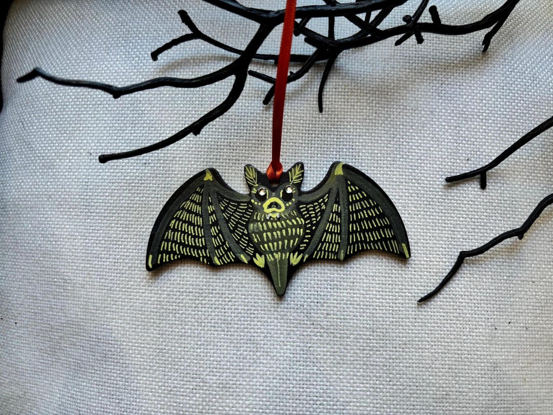 Green Bat With Rhinestone Eyes | Handpainted Wooden Folk Art Ornament ...