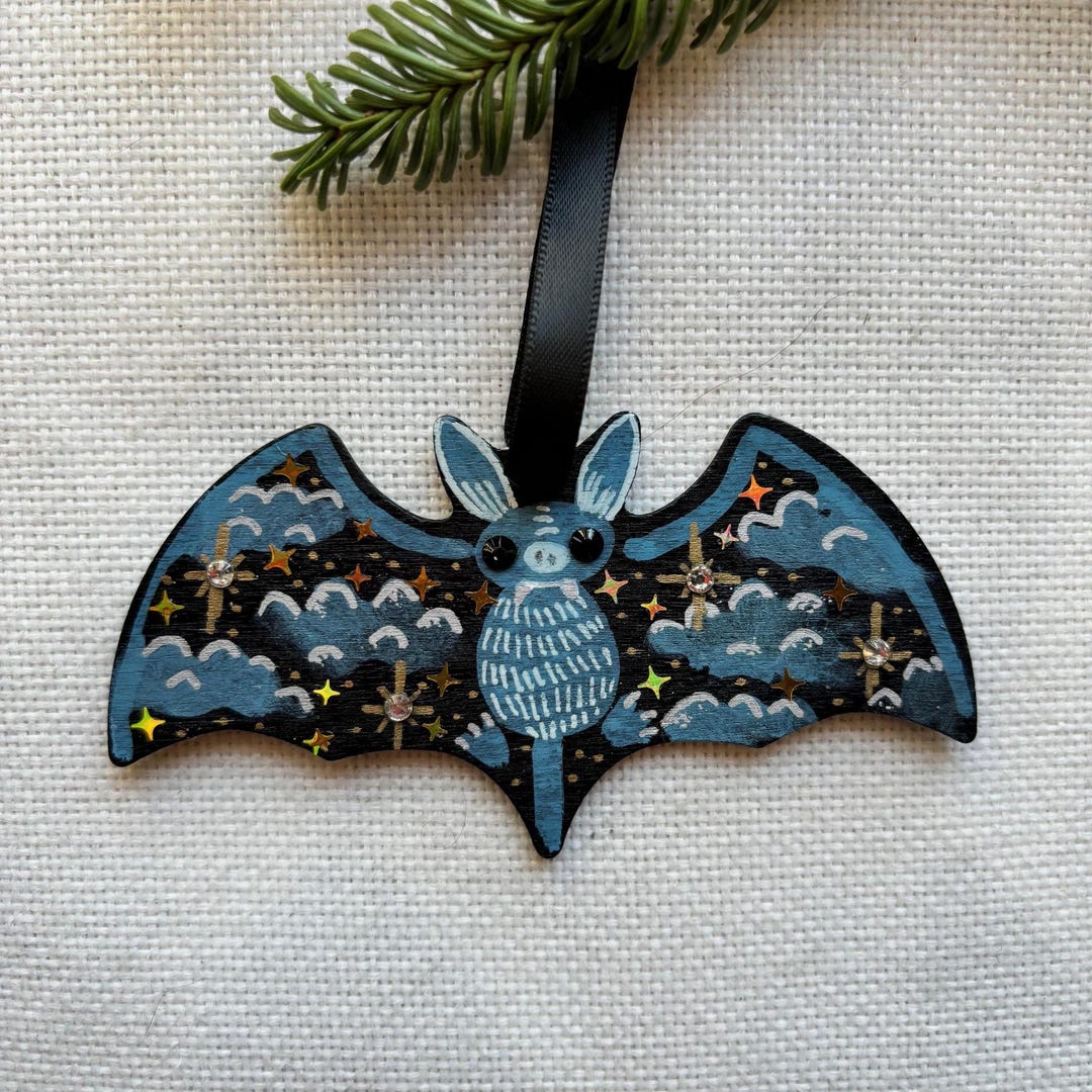 Blue Night Sky Bat With Rhinestone Eyes | Handpainted Wooden Folk Art ...