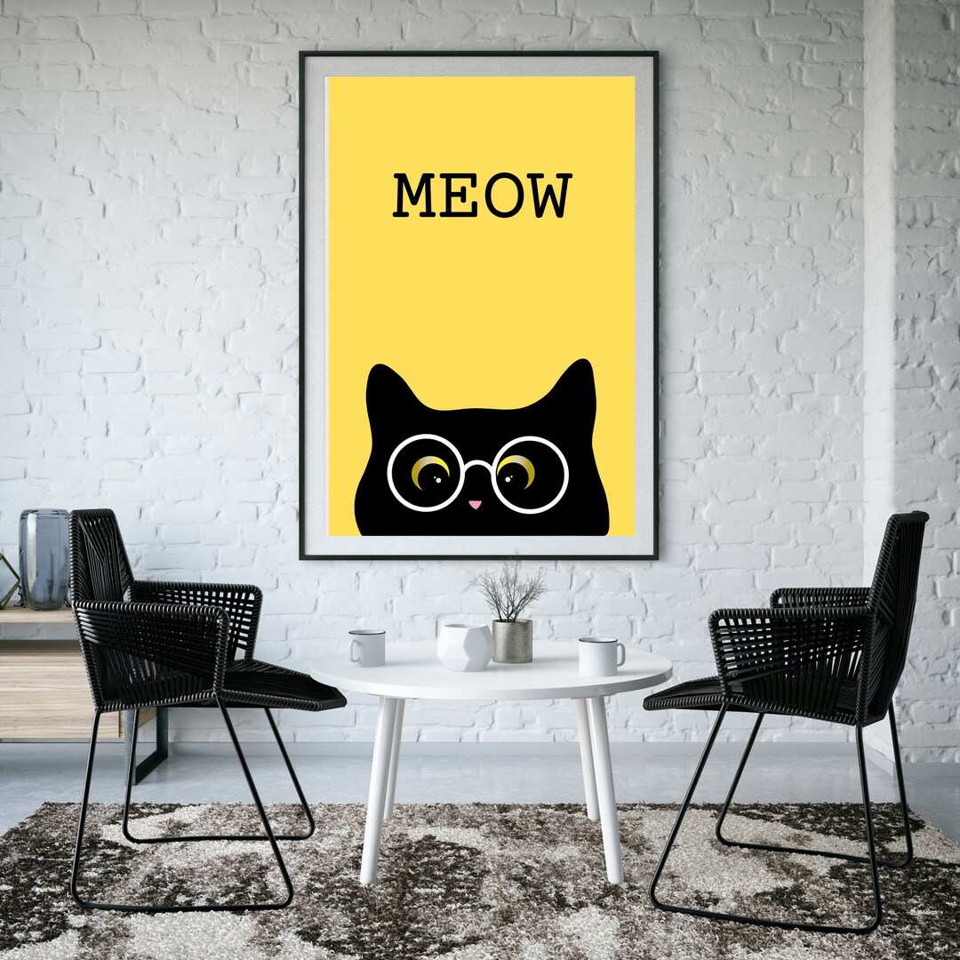 Yellow MEOW ABSTRACT CAT Art, Cat Silhouette Print, Minimalist Wall Art ...