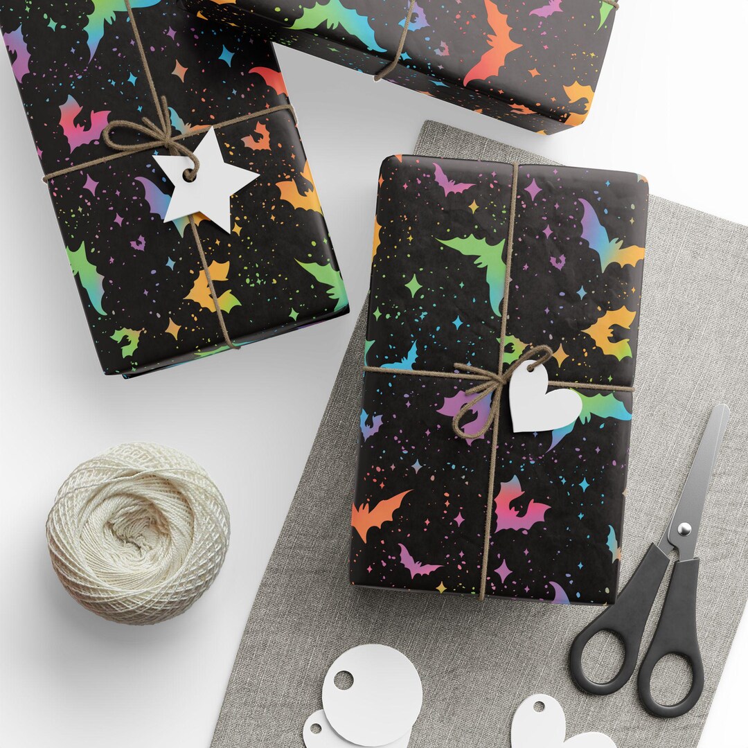 Neon Rainbow Bat Wrapping Paper | Spooky Gift Wrap - Etsy
