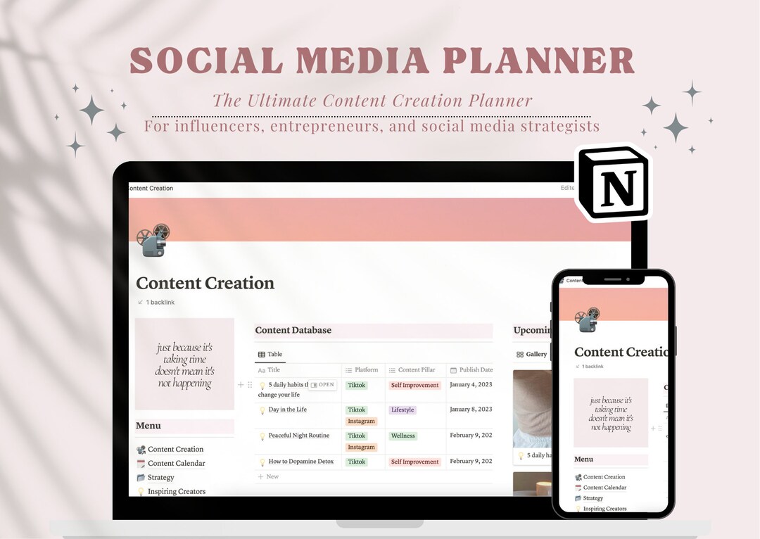 Notion Social Media Planner | Notion Content Creation Template, Notion Content Creation Planner ...