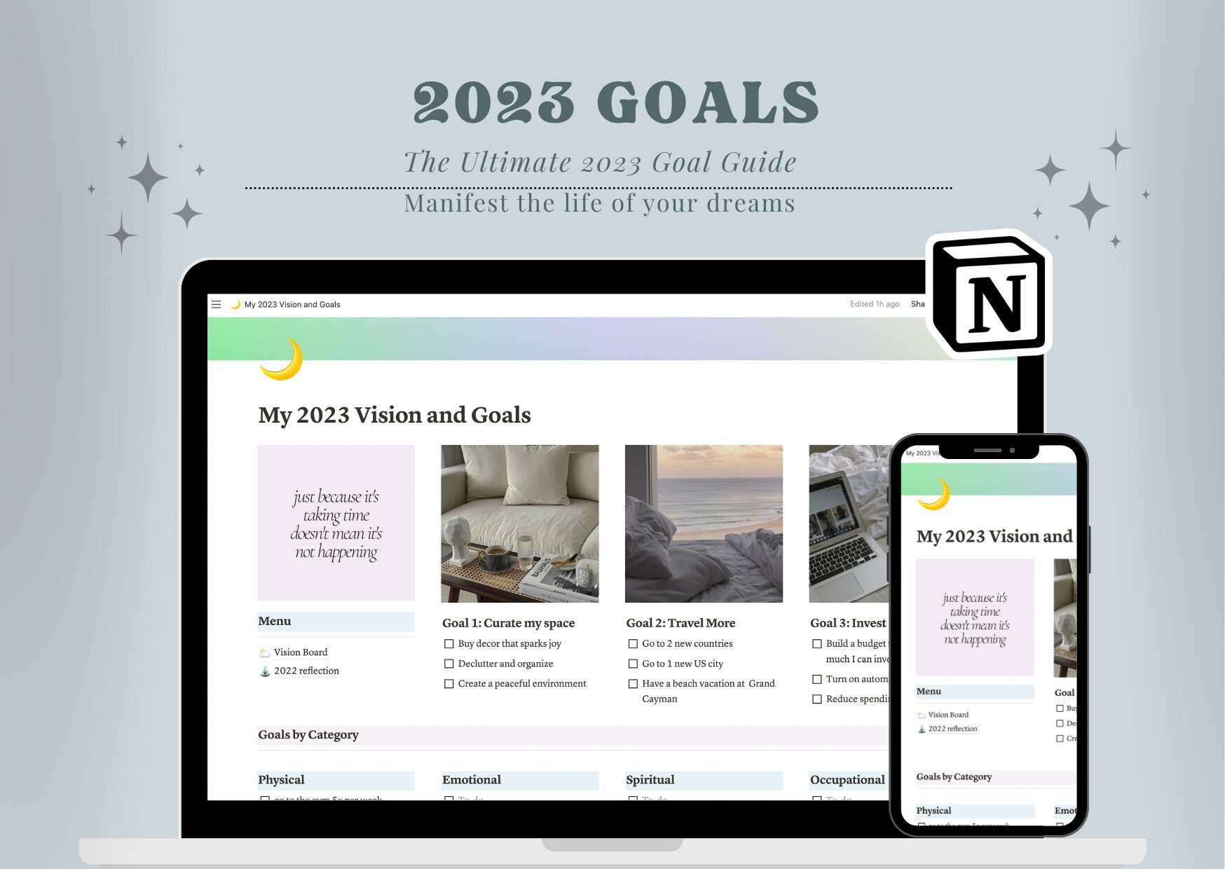 Notion 2023 Goal Template | Notion Dashboard, All in One Notion Template, Notion Planner, Notion ...