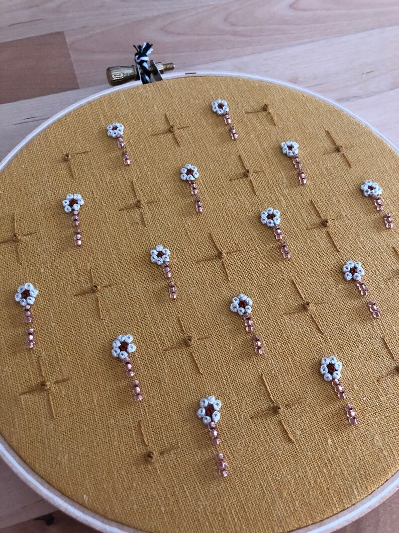 6" Floral Pattern Hand Embroidery, Hand Beaded Detail Fiber Art ...