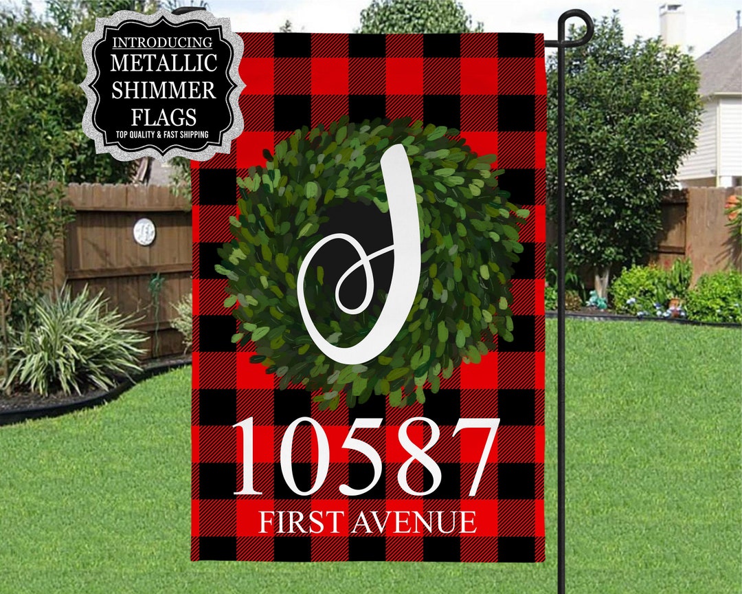 Personalized Address Garden Flag, Buffalo Plaid Garden Flag, Winter ...