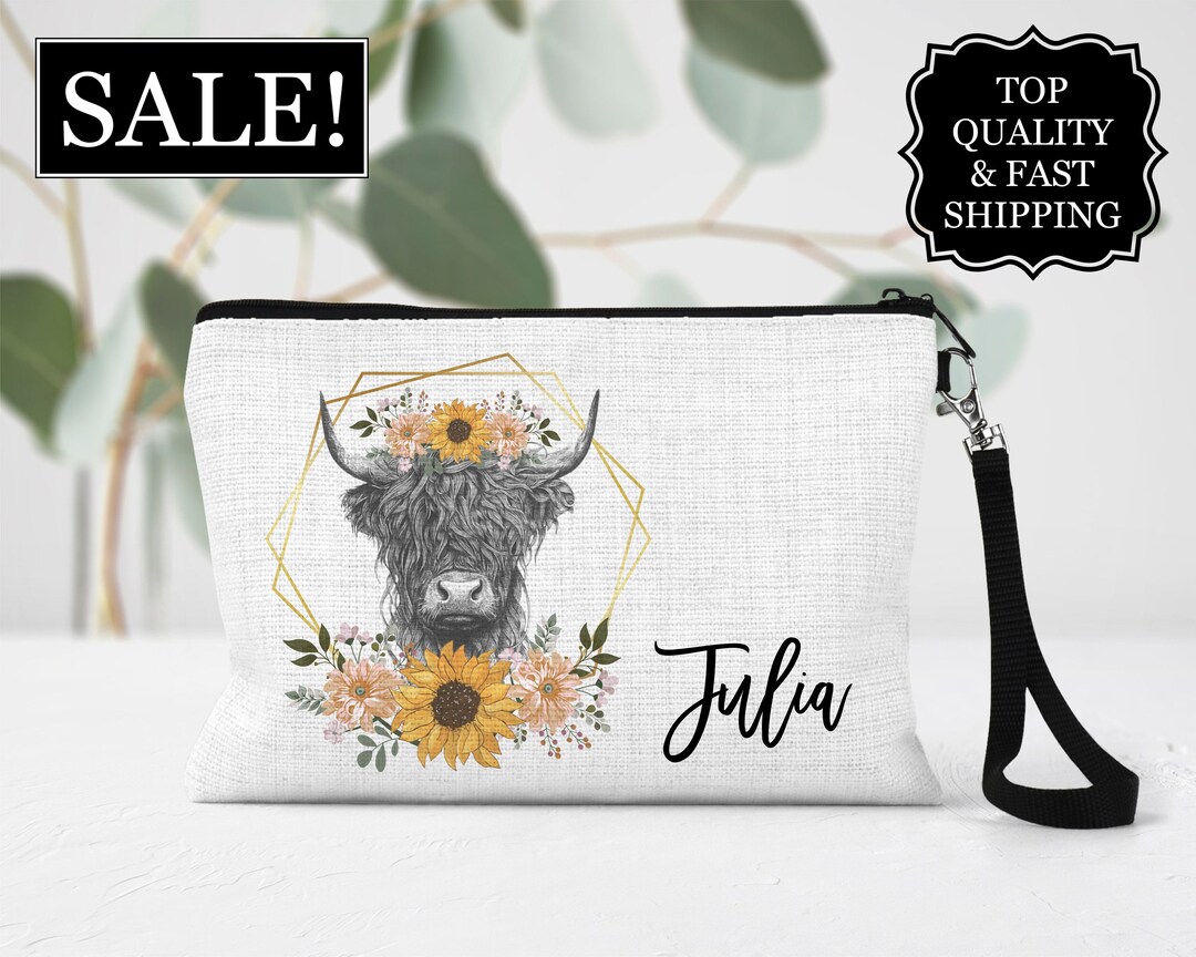 Highland Cow Cosmetic Bag Personalized Flower Cow Makeup Bag - Etsy