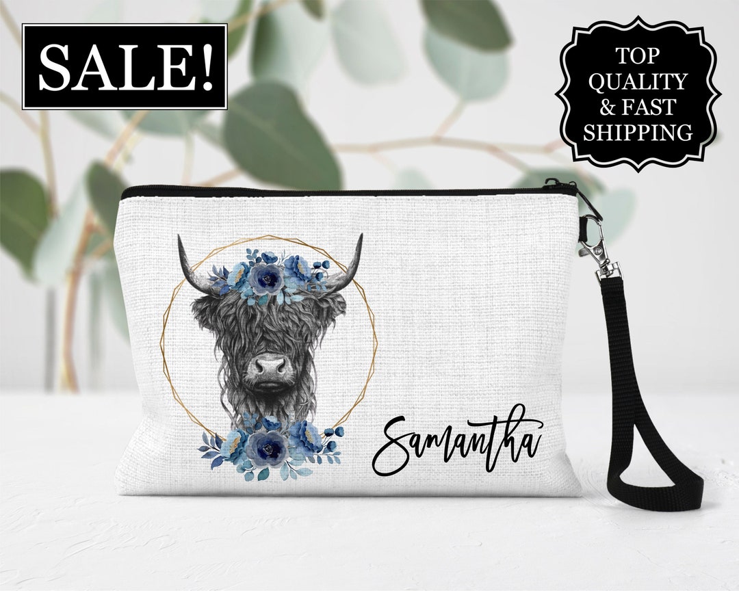 Highland Cow Cosmetic Bag, Personalized Flower Cow Makeup Bag, Cow ...