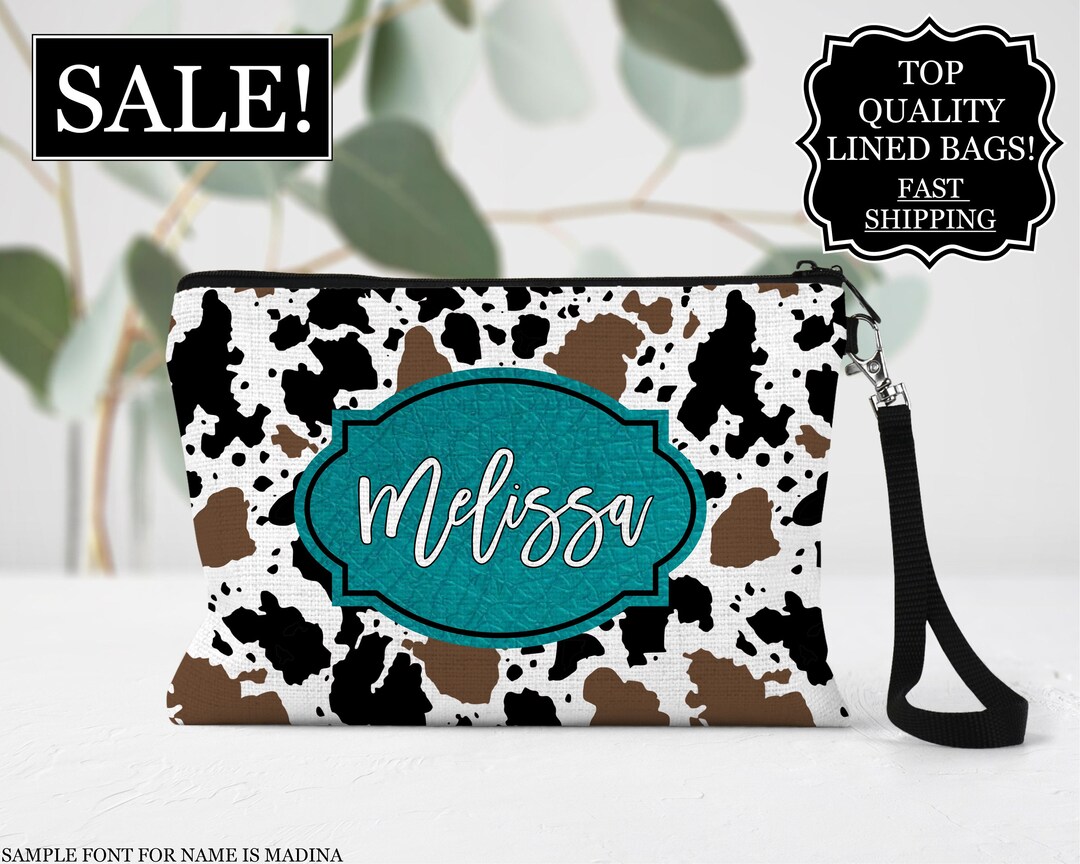 Cow Print Lined Linen Bag, Personalized Cow Linen Wristlet, Cow Linen ...