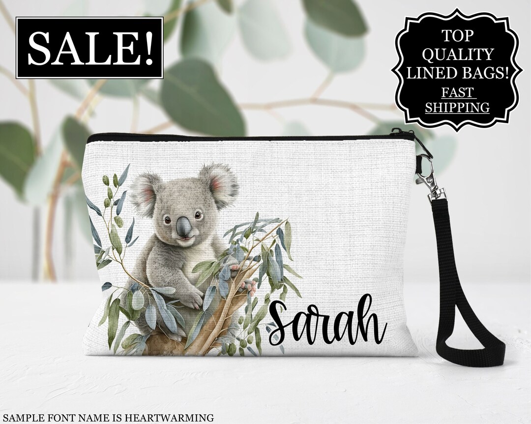 Koala Lined Linen Bag, Personalized Koala Linen Wristlet, Animal Linen ...