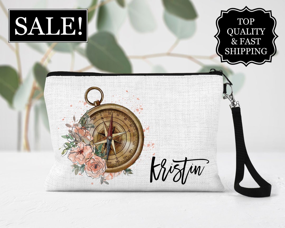 Compass Cosmetic Bag, Personalized Floral Compass Makeup Bag, Compass ...