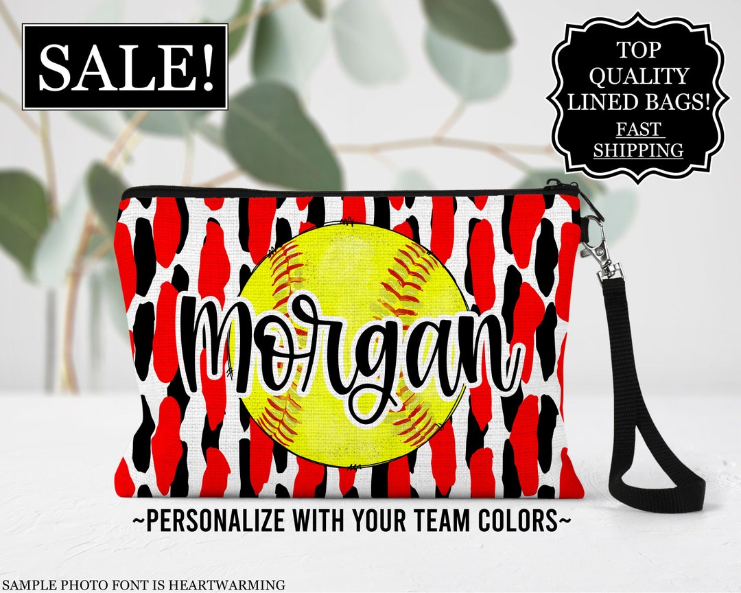 Softball Lined Linen Bag, Personalized Sports Make up Bag, Custom ...