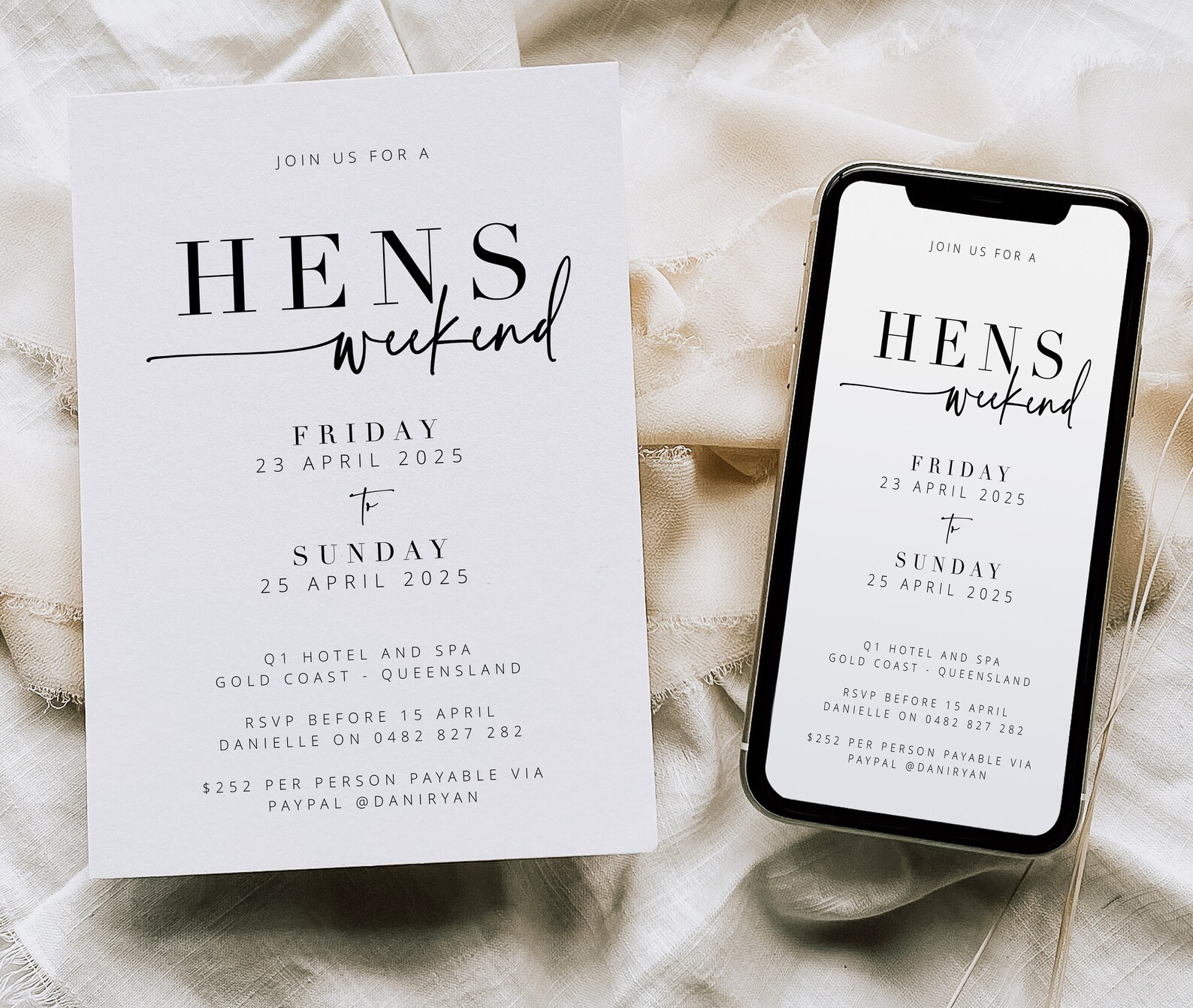 BRIBIE Minimal Hens Weekend Invitation Itinerary Template - Etsy