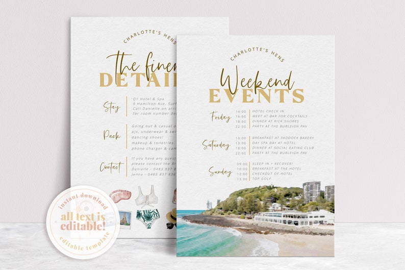 Gold Coast Hens Weekend Itinerary Template Burleigh Beach - Etsy