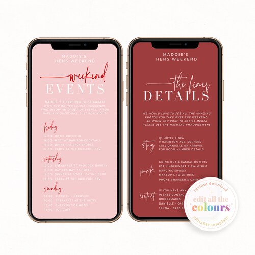 BRIBIE Pink Digital Hens Weekend Events Itinerary Template - Etsy