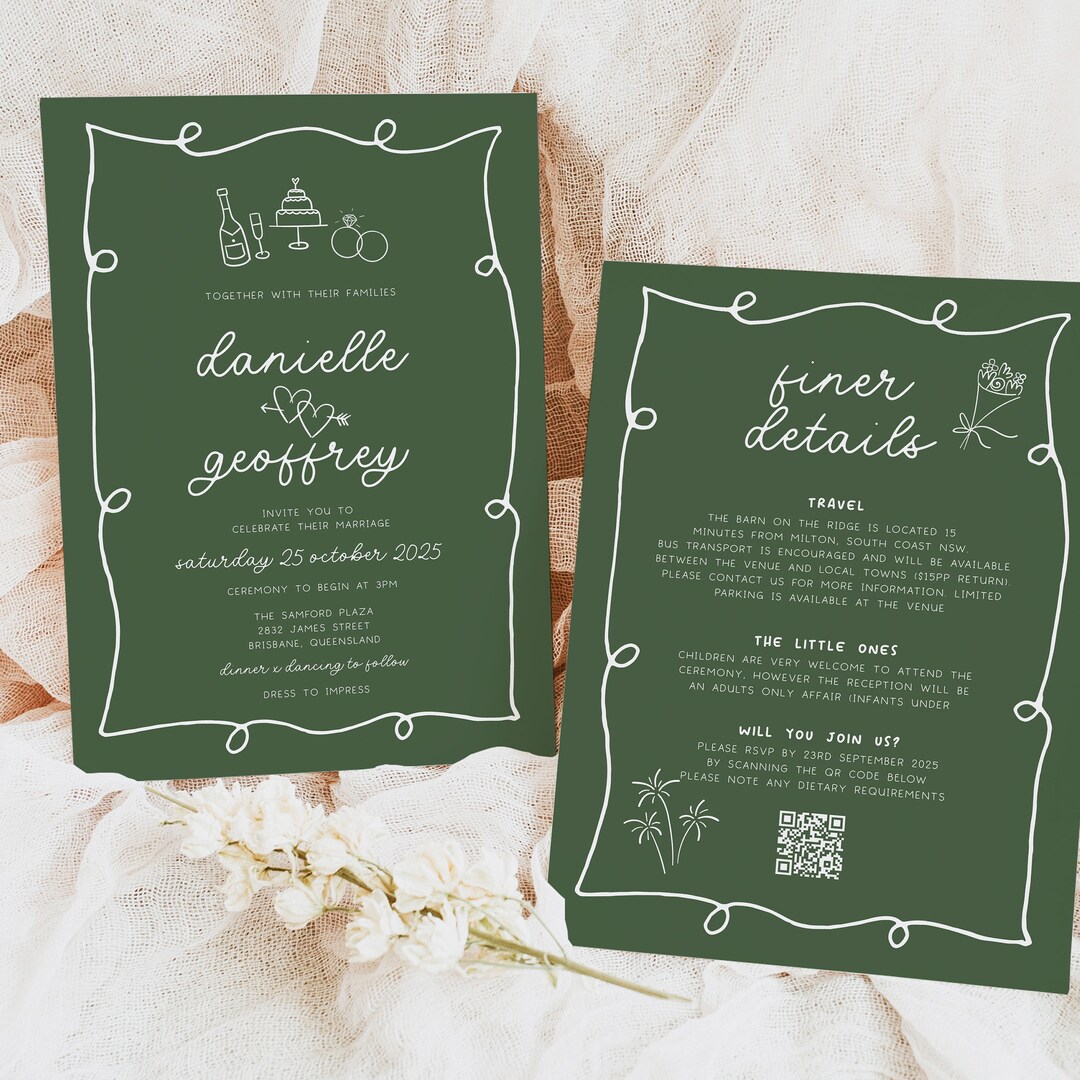 POET Wavy Forest Wedding Invitation Template, Green Hand Drawn Wave ...