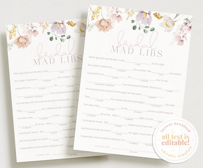 RUBY Mad Libs Game Bridal Shower Game Template Floral | Etsy
