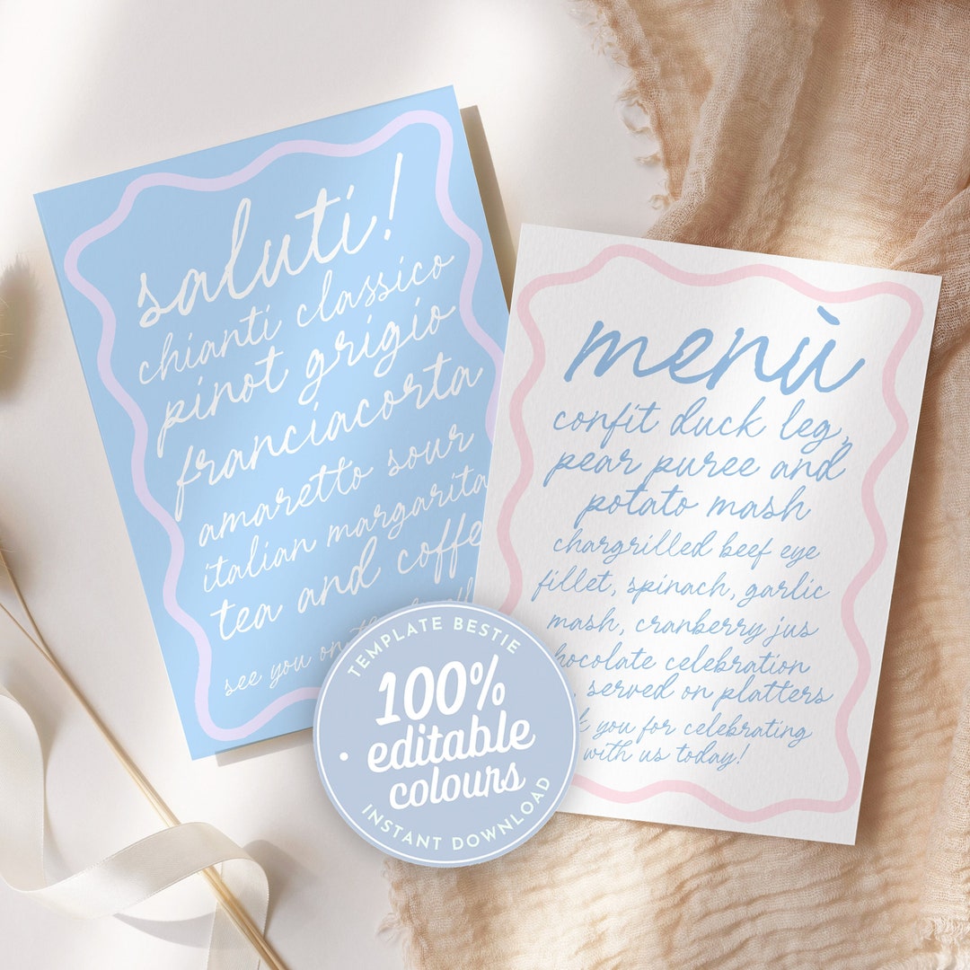 ELENI Blue Pink Wave Menu Template, Wriggle Border Party Menu, Instant ...