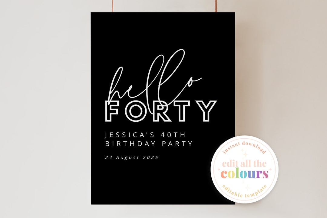 Modern Hello Forty Birthday Welcome Sign Template, Modern Black Welcome ...