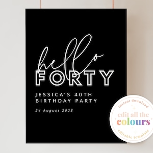 Modern Hello Forty Birthday Welcome Sign Template, Modern Black Welcome ...