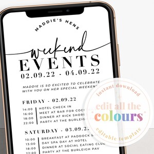 Digital Minimal Hens Weekend Events Itinerary Template, Modern Fun Hens ...