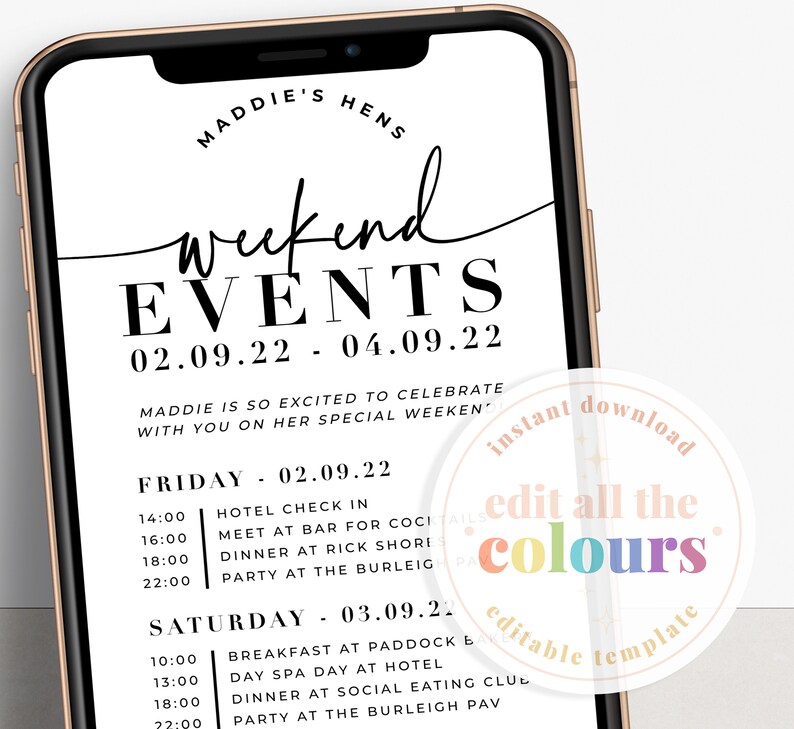 Digital Minimal Hens Weekend Events Itinerary Template Modern - Etsy