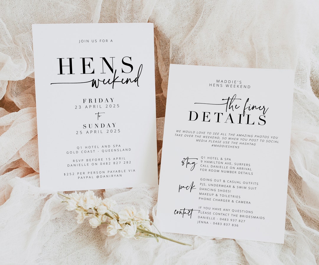 BRIBIE Minimal Hens Weekend Invitation Itinerary Template, Modern ...