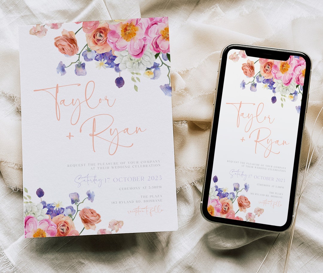 ELLA Colourful Floral Wedding Invitation, Bright Floral Invite Template ...
