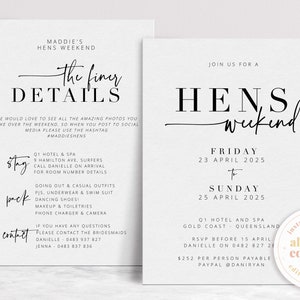 BRIBIE Minimal Hens Weekend Invitation Itinerary Template, Modern ...