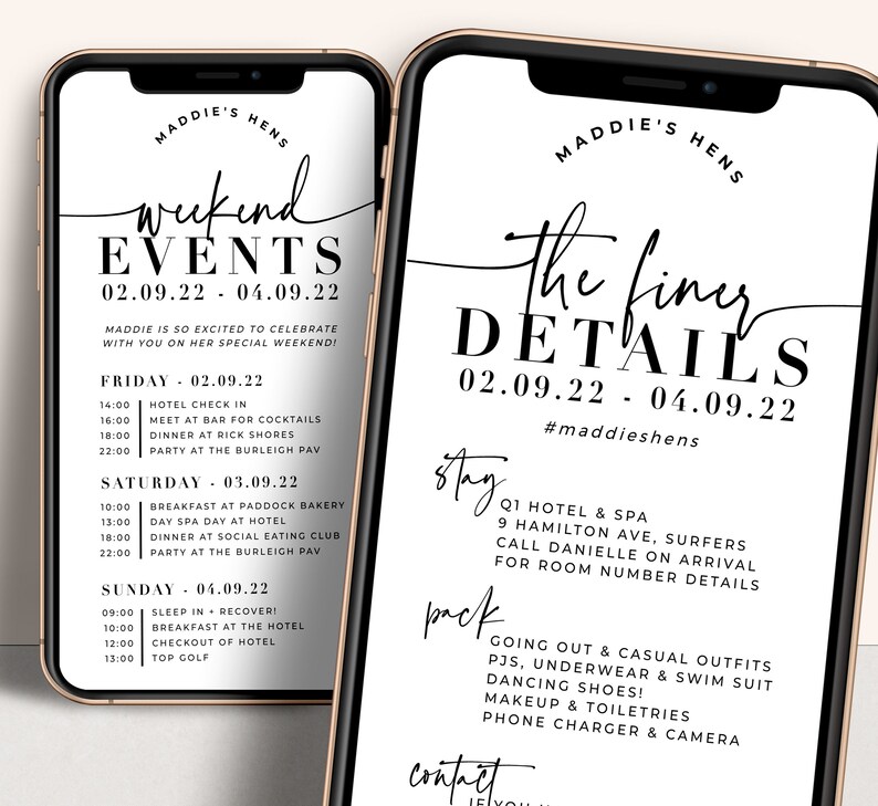 Digital Minimal Hens Weekend Events Itinerary Template Modern - Etsy
