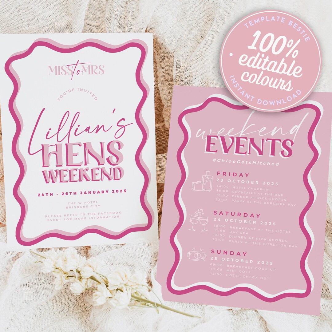 SONNY Modern Fun Hens Weekend Invite, Pink Hen Weekend Events, Bridal ...