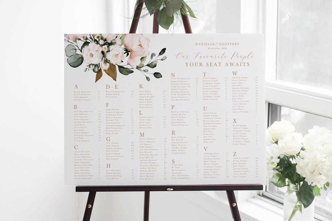 CHLOE Alphabetical Wedding Seating Chart Template, Gold Pink Floral ...