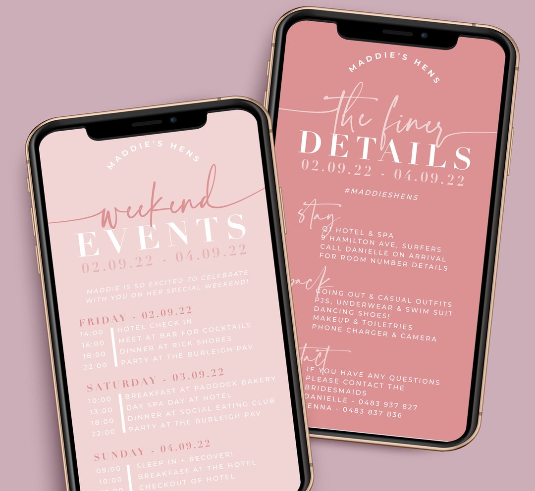 BRIBIE Pink Digital Hens Weekend Events Itinerary Template, Modern SMS ...
