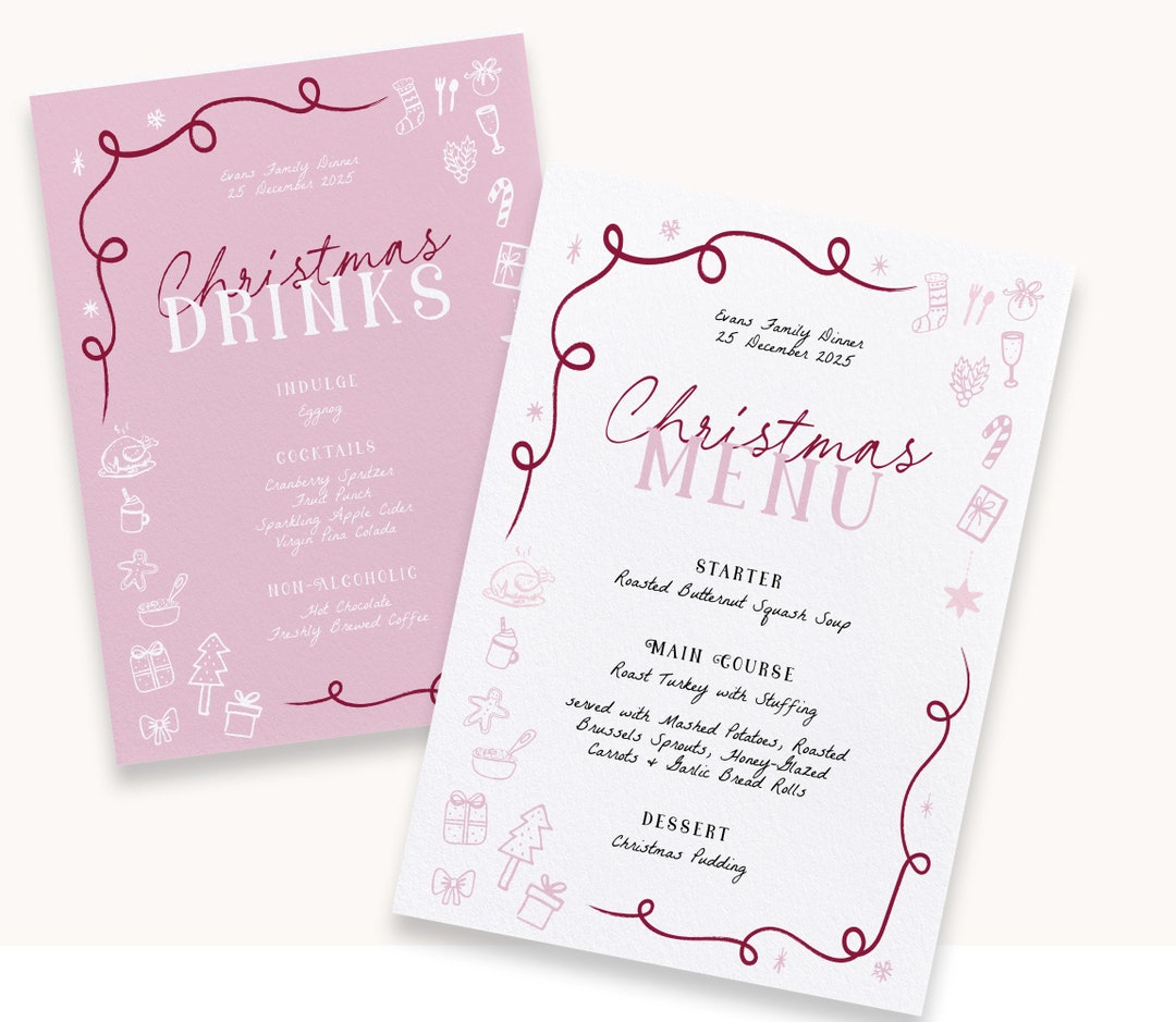 Hand Drawn Christmas Menu Template, Pink Wavey Festive Work Party Menu ...